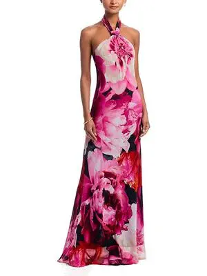 Aqua Knot Neck Chiffon Gown - Multi