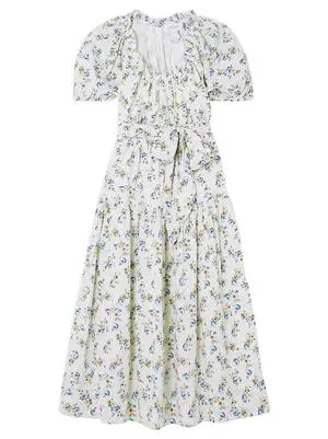 The Great. Moonstone Belted Floral-print Cotton-voile Midi Dress - Blue