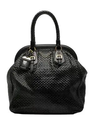 Prada 2010-2026 Goatskin Woven Madras Frame Tote Bag - Black