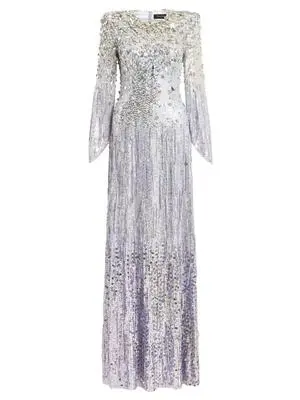 Jenny Packham Sequined Long-sleeve Maxi Dress - Silver