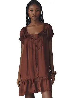 Anthropologie Silky Peasant Mini Dress - Brown