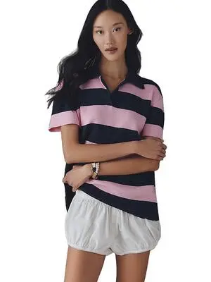 Maeve Boxy Rugby Polo Top - Blue & Pink Stripe