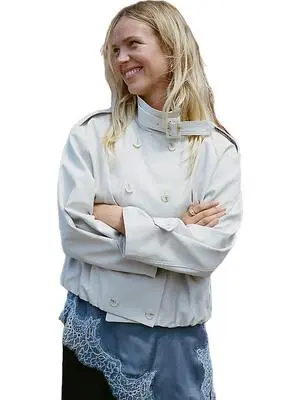 Maeve Retta Funnel-neck Double-breasted Short Trench Coat Jacket - Light Sand