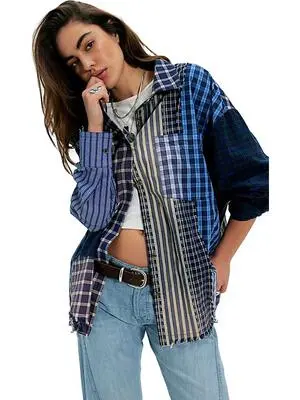 THE TALES Patchwork Check Stripe Button Down - Blues