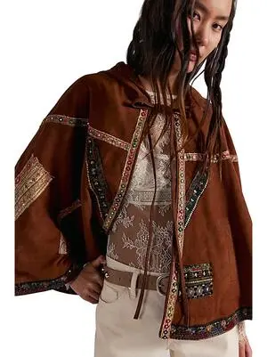 Free People Suede Embroidered Cape - Brown Motif