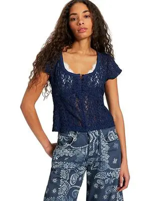 Free People Claro Lace Tee Navy Academy