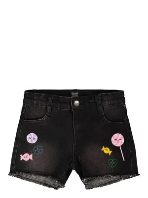 DEUX PAR DEUX Candy And Lollipop Embroidered Denim Shorts - Black Denim