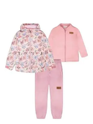 DEUX PAR DEUX 3-in-1 Mid-season Outerwear Set With Solid Pants - Pink With Printed Butterflies