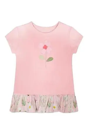 DEUX PAR DEUX Organic Cotton Bi-material Short Sleeve Tunic With Ruffle - Dusty Pink