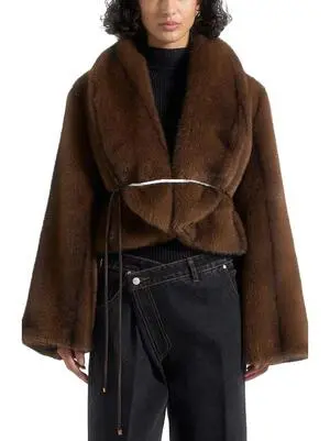 Manière De Voir Faux Fur Shawl Jacket With Leather Belt - Brown