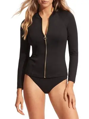 Seafolly Zip Front Long Sleeve Rashguard - Black