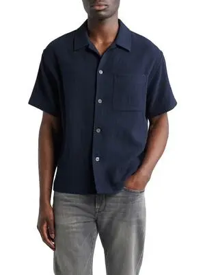 FRAME Open Weave Short Sleeve Cotton Blend Button-up Shirt - Dark Navy