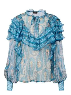Etro Paisley Ruffled Silk Blouse - Blue