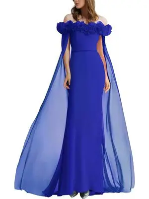 GEMY MAALOUF Off-the-shoulder Maxi Dress With Flower Embellishment - Blue