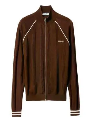 Miu Miu Logo Stripe Zip Cardigan - Brown