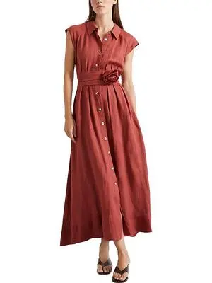 Marella Belted Linen Shirt Dress - Brick Red