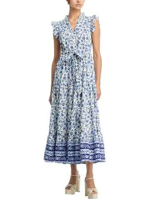 Aqua Floral Border Button Down Maxi Dress - Blue/white