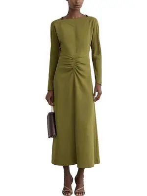 REISS Adrianna Ruched Long Sleeve Midi Dress - Chartreuse
