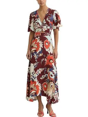 REISS Asha Printed Midi Dress - Burgundy