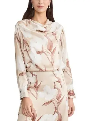 Misook Draped Neck Floral Print Silk Blouse - Biscotti/charmeuse/white