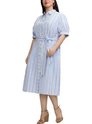 Foxcroft Esther Elbow Sleeve Stripe Seersucker Dress Blue Multi