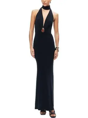 NOCTURNE Halter-neck Draped Maxi Dress - Black