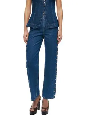 NOCTURNE Eyelet Detail Wide-leg Denim Pants - Navy Blue