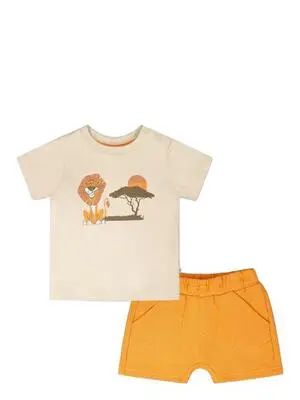 DEUX PAR DEUX Organic Cotton Lion And Savanna T-shirt And Short Set - Beige And Orange