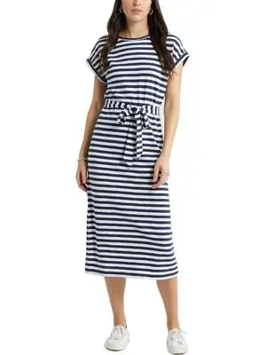 Caslon Tie Waist Midi Dress - Navy Still- White Charm Stripe