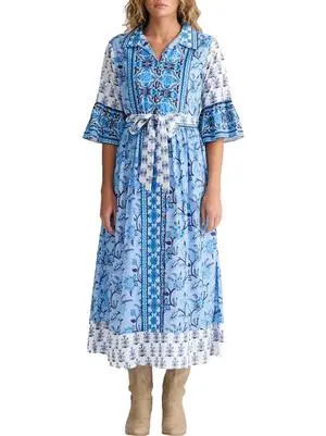 TALISMAN THE LABEL Jardin Mixed Print Cotton Midi Dress - Blueberry Fields