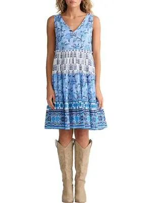 TALISMAN THE LABEL Lucky Charm Mixed Print Tiered Cotton Dress - Blueberry Fields