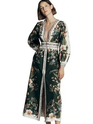 Farm Rio Nature Long-sleeve Plunge Maxi Dress - Nature Green