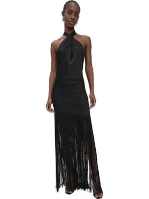 Show Me Your Mumu Jasmine Fringe Maxi Dress - Black Luxe Satin