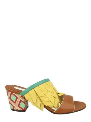 FERRAGAMO Axis Leather Feather Trim Mules - Medium Brown