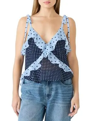 Steve Madden Adalina Polka Dot Ruffle Chiffon Tank - Vintage Navy