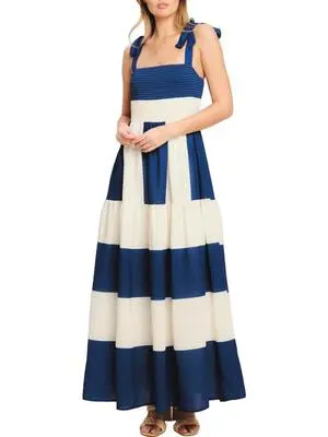 FLYING TOMATO Striped Fit & Flare Maxi Dress - Off White/blue
