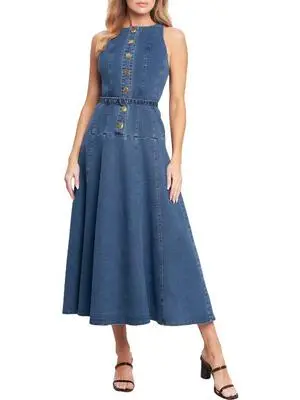 FLYING TOMATO Belted Denim Midi Dress - Medium Indigo