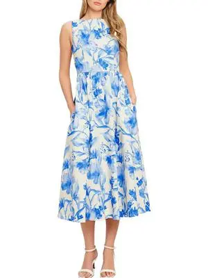 FLYING TOMATO Print Bow Twill Midi Dress - Ivory Blue