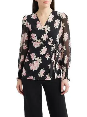Anne Klein Floral Print Wrap Top - Anne Black Multi