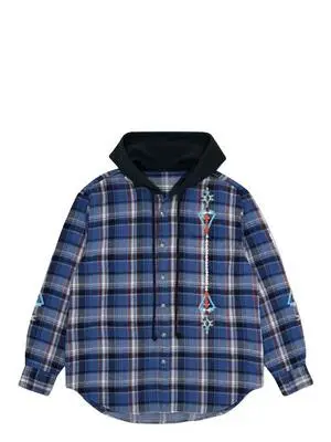FORTELA Embroidered Hooded Plaid Shirt - Blue