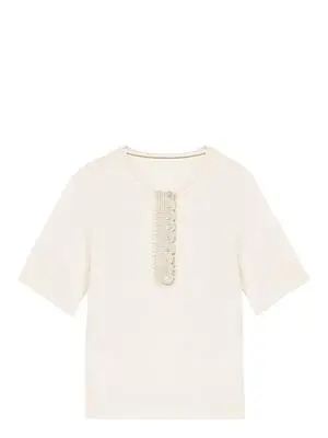 FORTELA Cotton T-shirt With Crochet Detail - Dove Grey