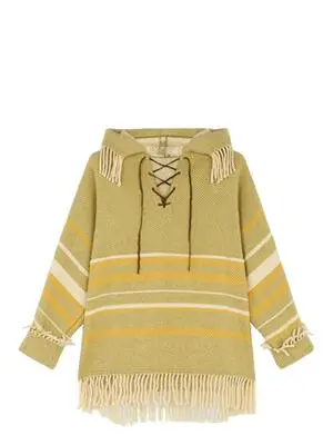 FORTELA Striped Woven Hooded Poncho - Green