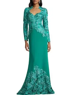 Tadashi Shoji Embroidered Detail Long Sleeve Gown - Emerald