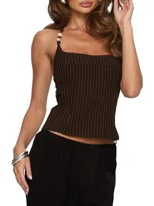 Princess Polly Bead Detail Halter Top - Brown Pinstripe