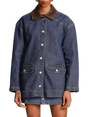 Avec Les Filles Relaxed Contrast Collar Barn Jacket - Raw Indigo