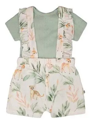 DEUX PAR DEUX Pointelle Bodysuit And Cotton Muslin Printed Shortall Set - Green And Peach Deer Print