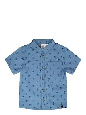 DEUX PAR DEUX Short Sleeve Palm Chambray Shirt - Blue Chambray Palm Print
