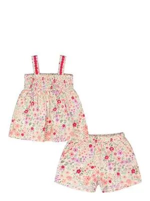 DEUX PAR DEUX Tank Top With Smocking And Floral Print Shorts Set - Off White Printed Flowers