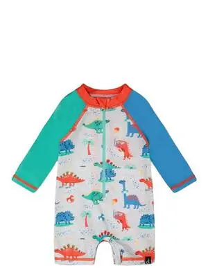 DEUX PAR DEUX Baby Dinosaur Print Long Sleeve Rashguard - Grey Printed Baby Dinosaurs