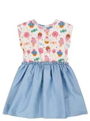 DEUX PAR DEUX Bi-material Short-sleeve Dress - White Printed With Candies